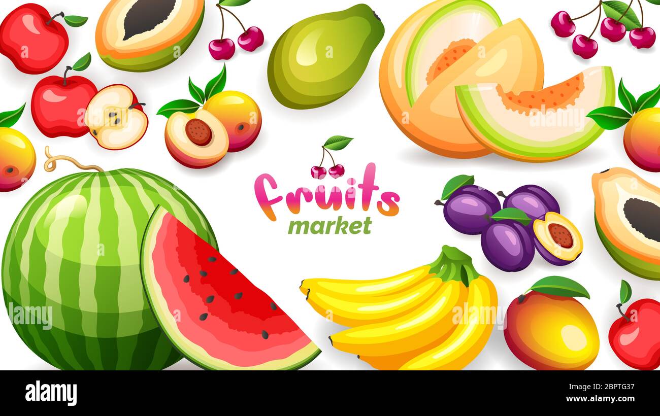 Banner with different tropical fruits isolated on white background ...
