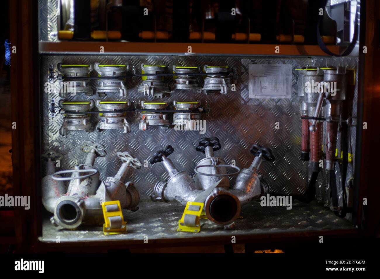 Cranes in a fire truck. Special devices for turning water into a stream ...