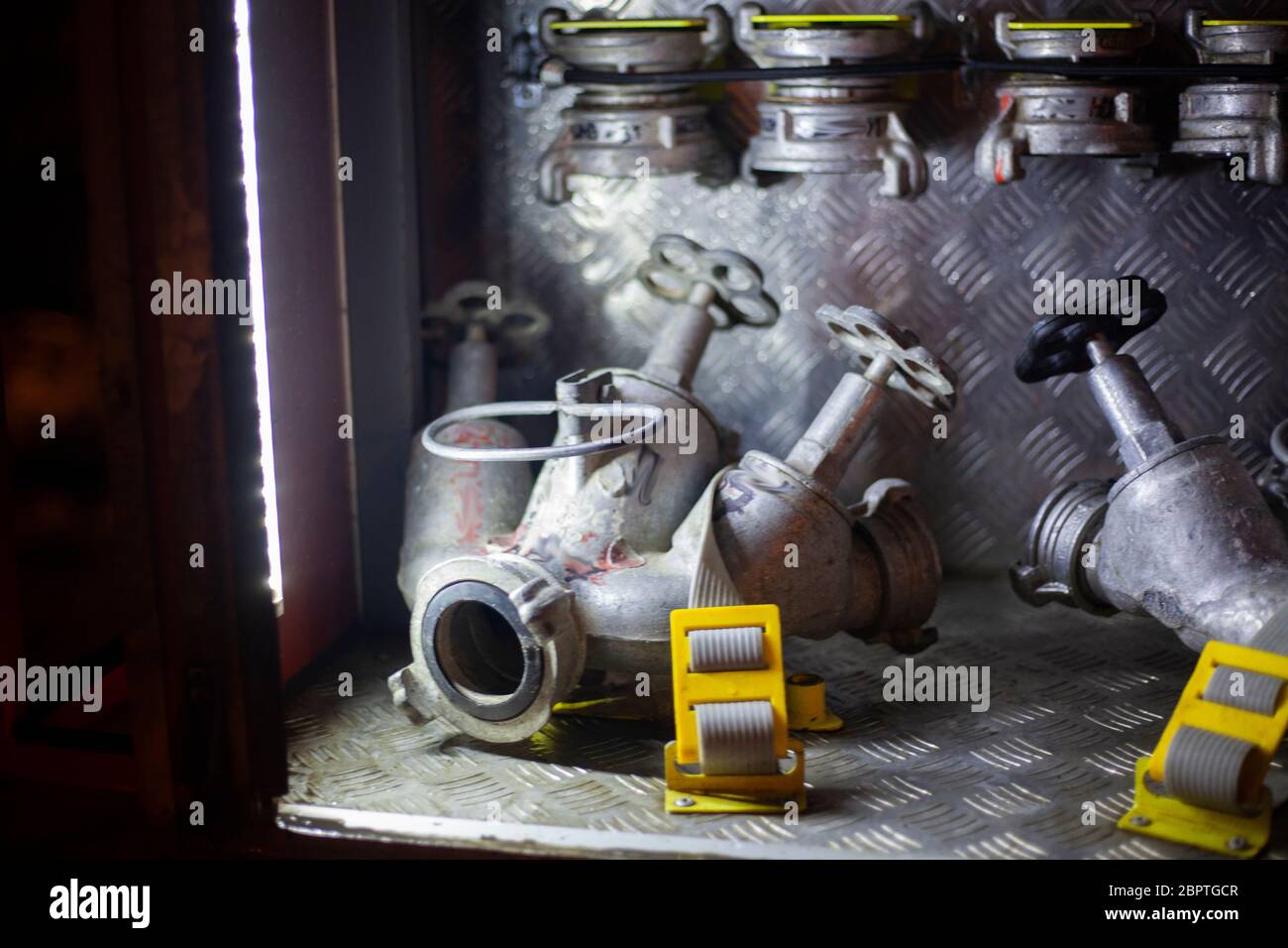 Cranes in a fire truck. Special devices for turning water into a stream ...