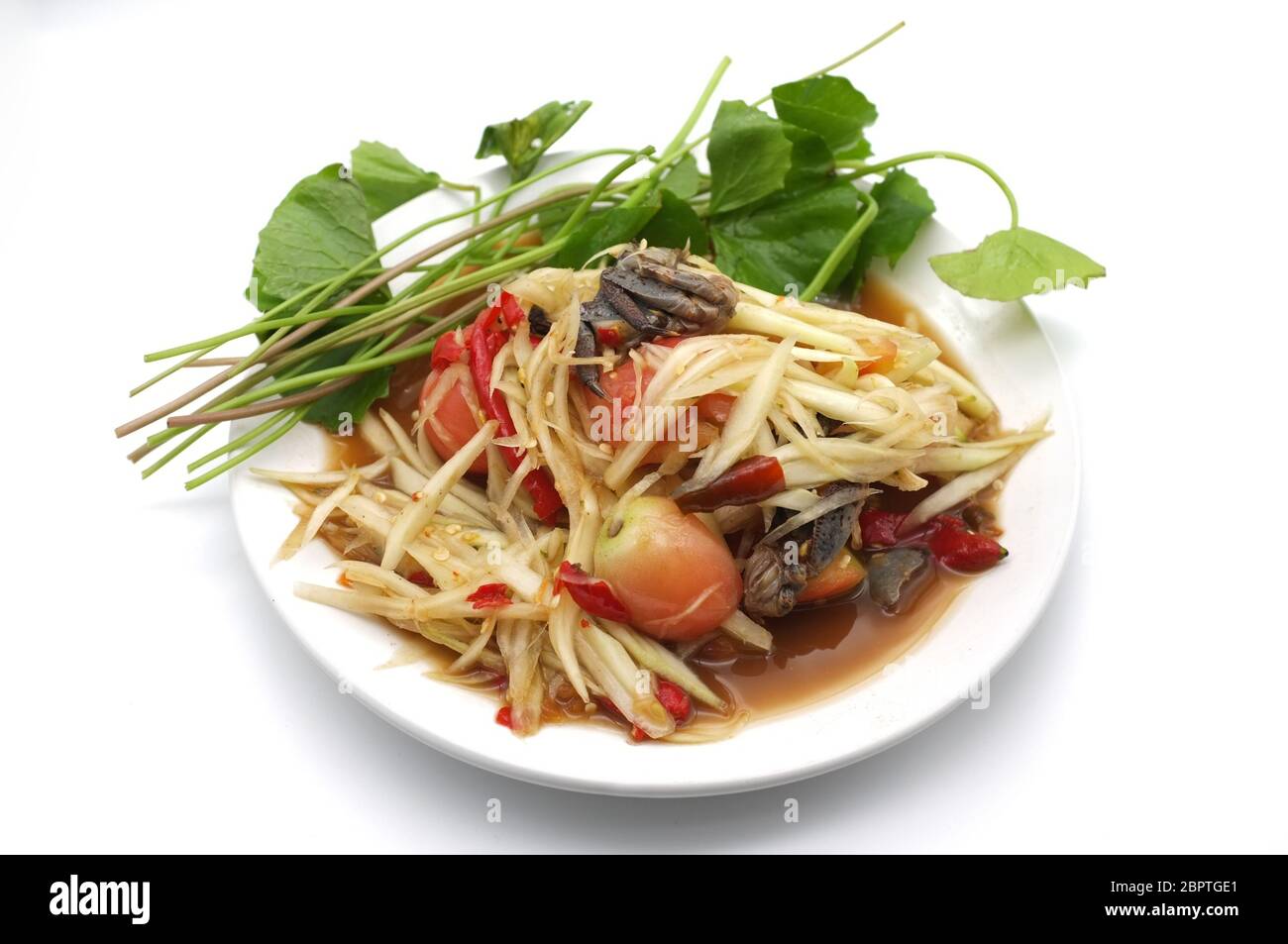 Som tam thai, green papaya salad on white background Stock Photo - Alamy