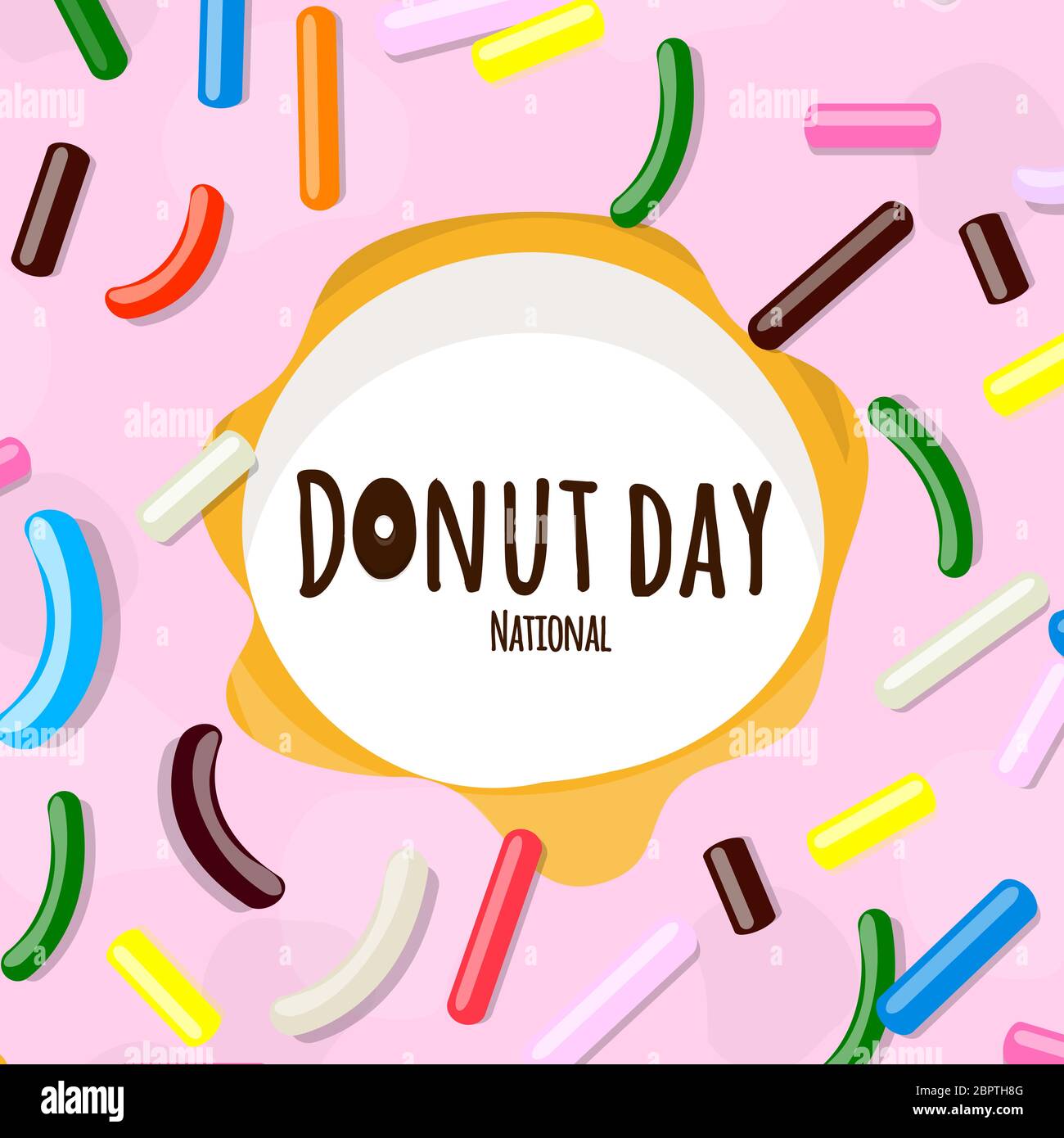 National Donut day text in cartoon style with in pink glaze with multi ...