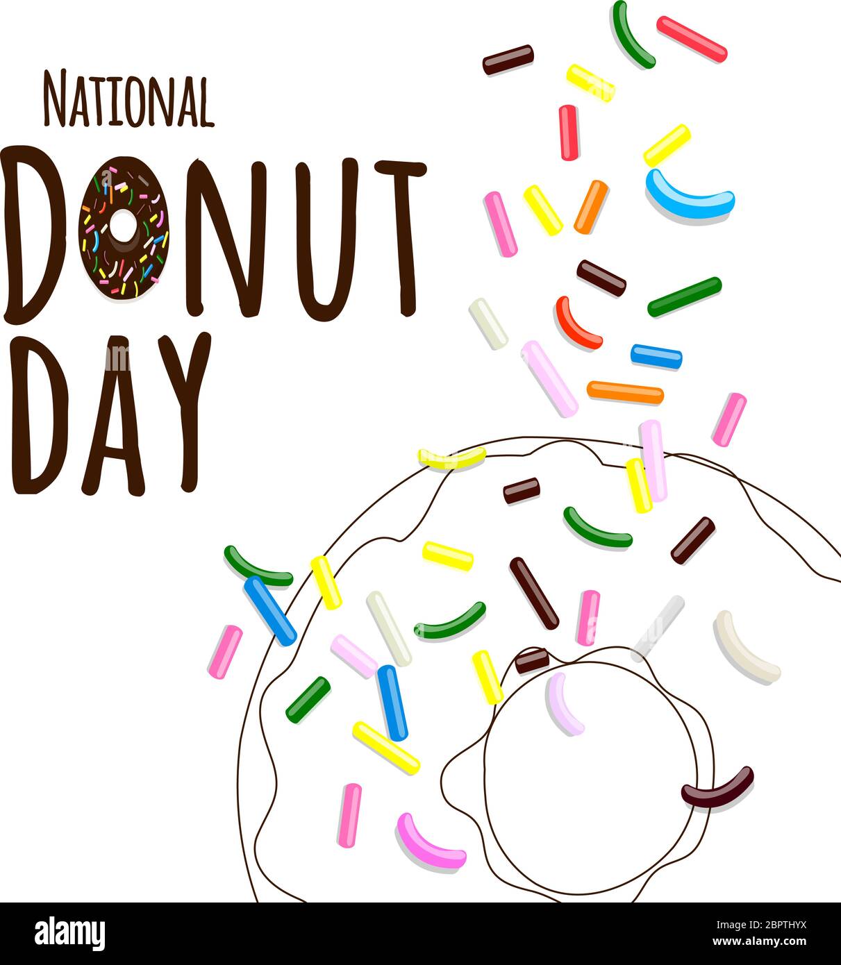 National Donut day text in cartoon style with multi-colored pastry ...