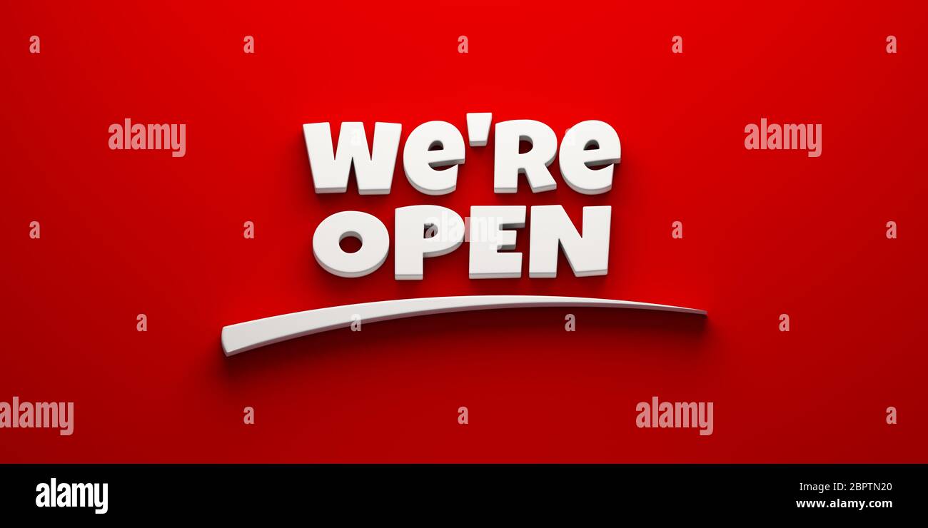 We're open on a red banner with swoosh. 3D Rendering illustration Stock ...