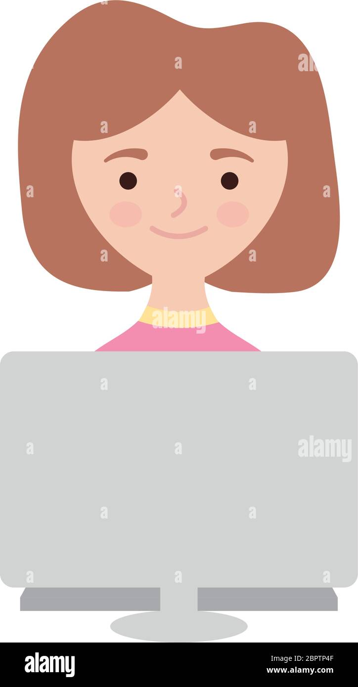 stay at home concept, cartoon woman using a computer icon over white ...