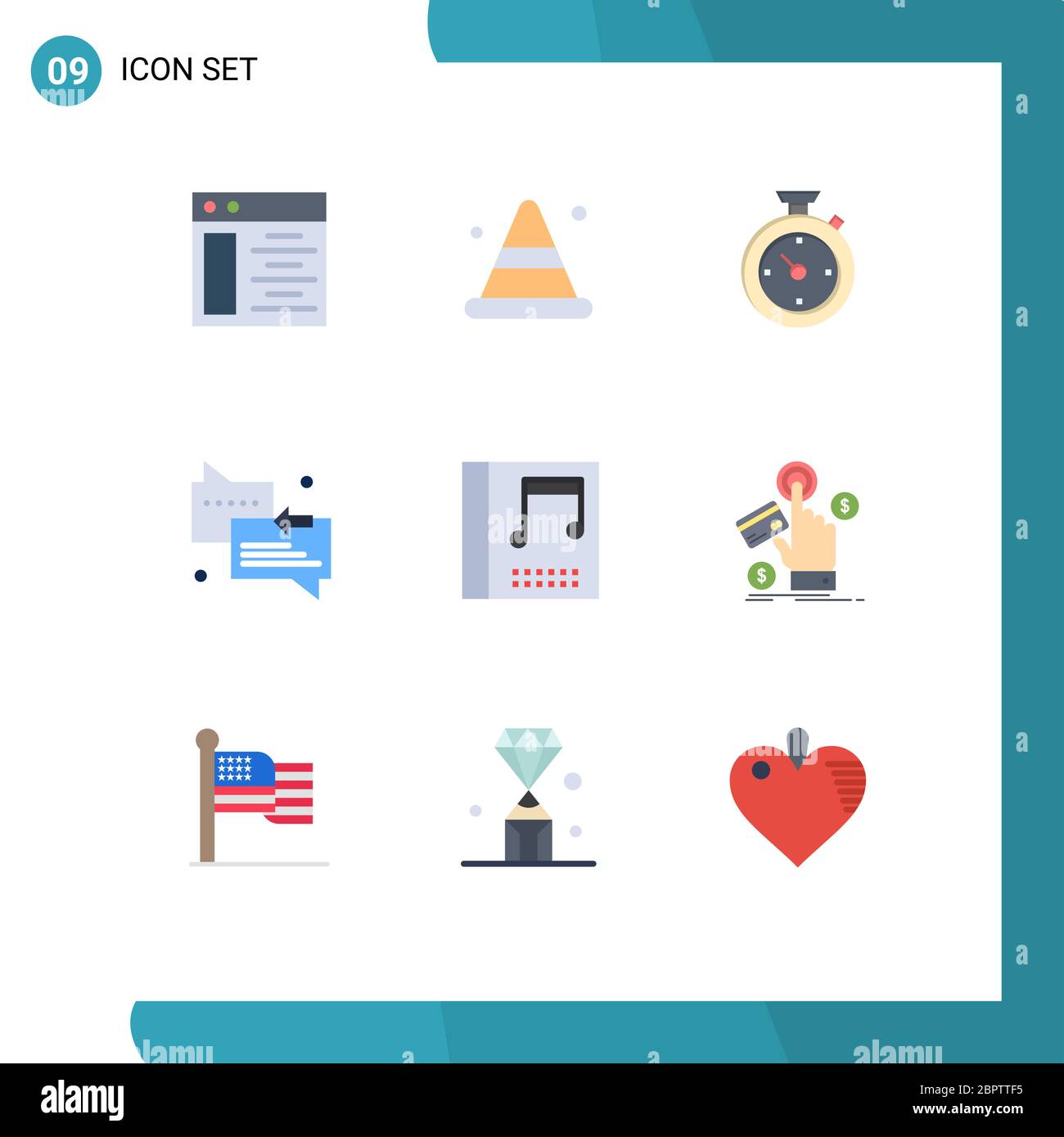 Group of 9 Flat Colors Signs and Symbols for music, album, timer, arrow ...