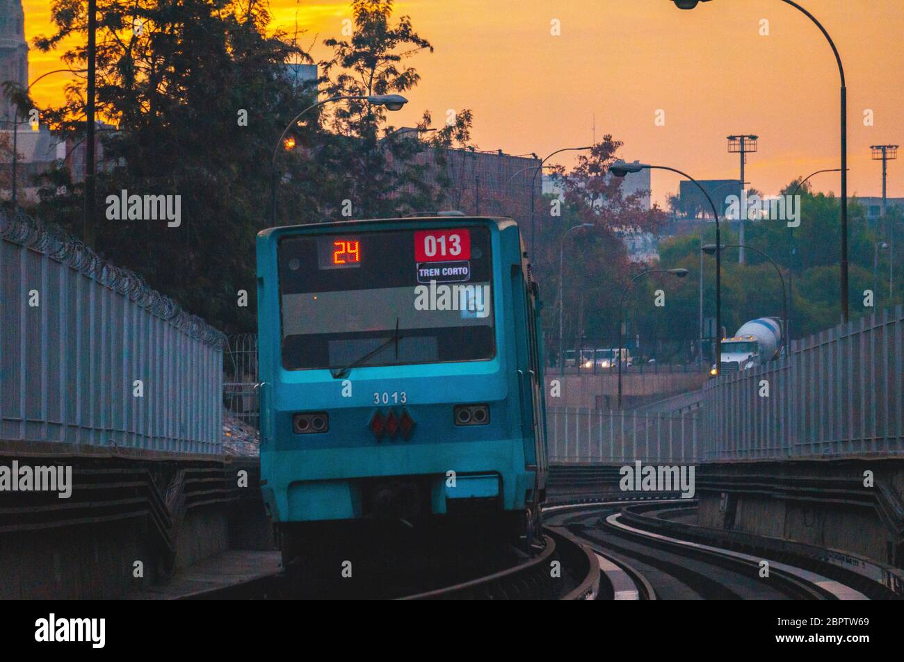 SANTIAGO, CHILE - MAY 2018: A Santiago Metro train between two stations ...