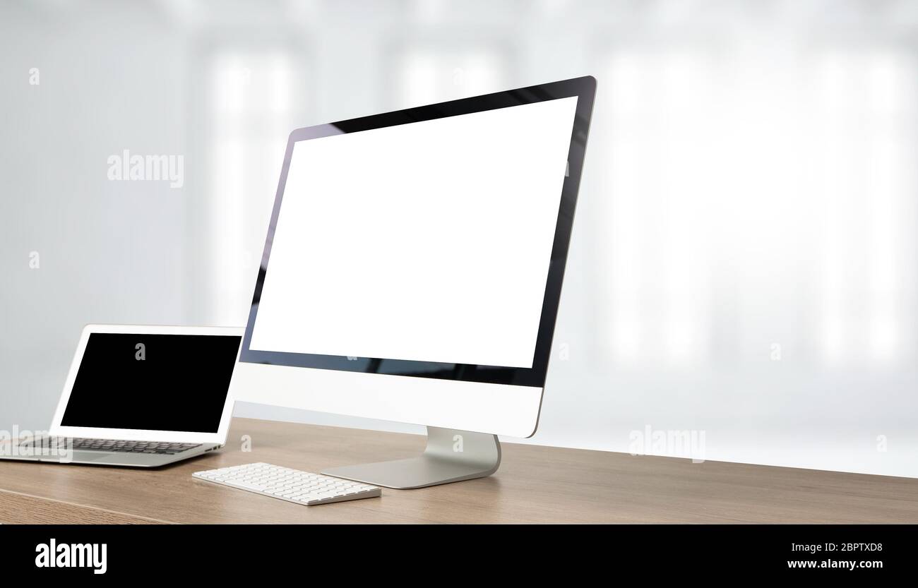 young man working Businessman using a desktop computer of the blank ...