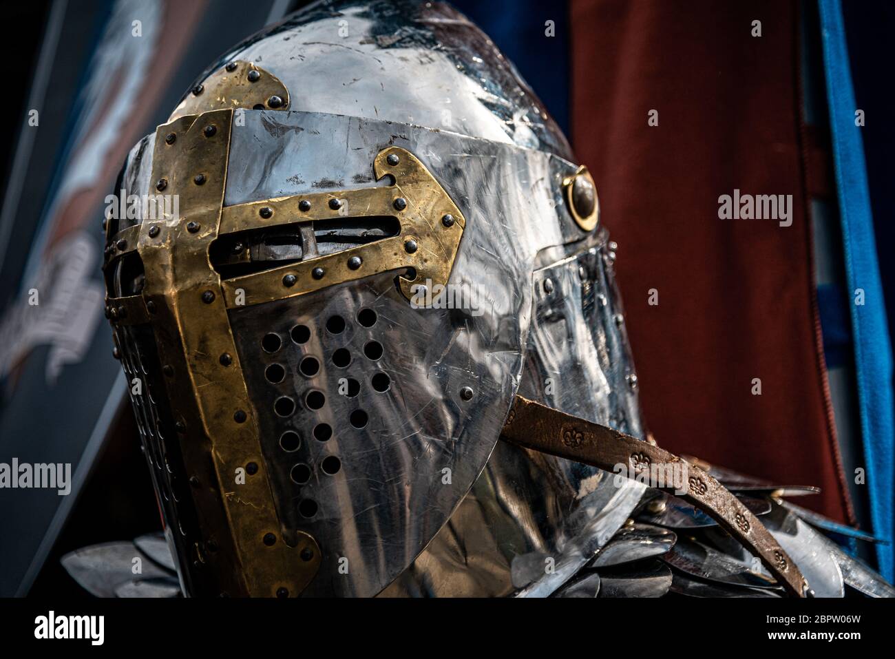 BUENOS AIRES, ARGENTINA, MAY 4, 2019: Shiny silver medieval iron knight ...