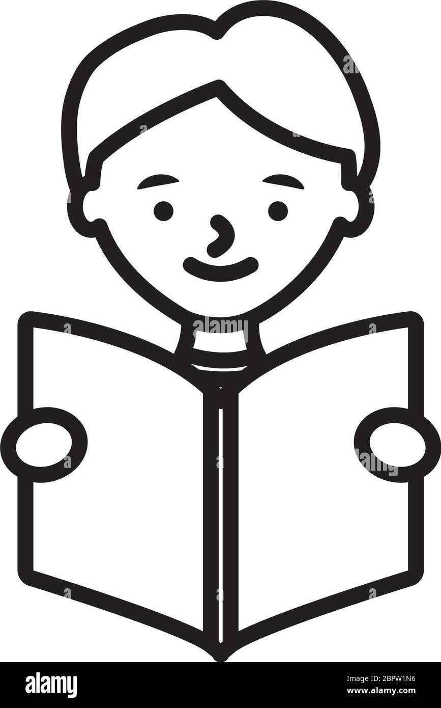 cartoon man reading a book icon over white background, line style ...
