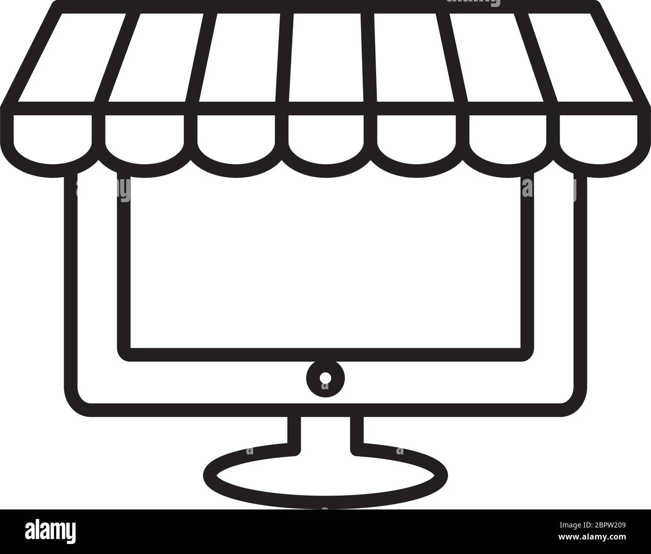 computer with store tent over white background, line style, vector ...