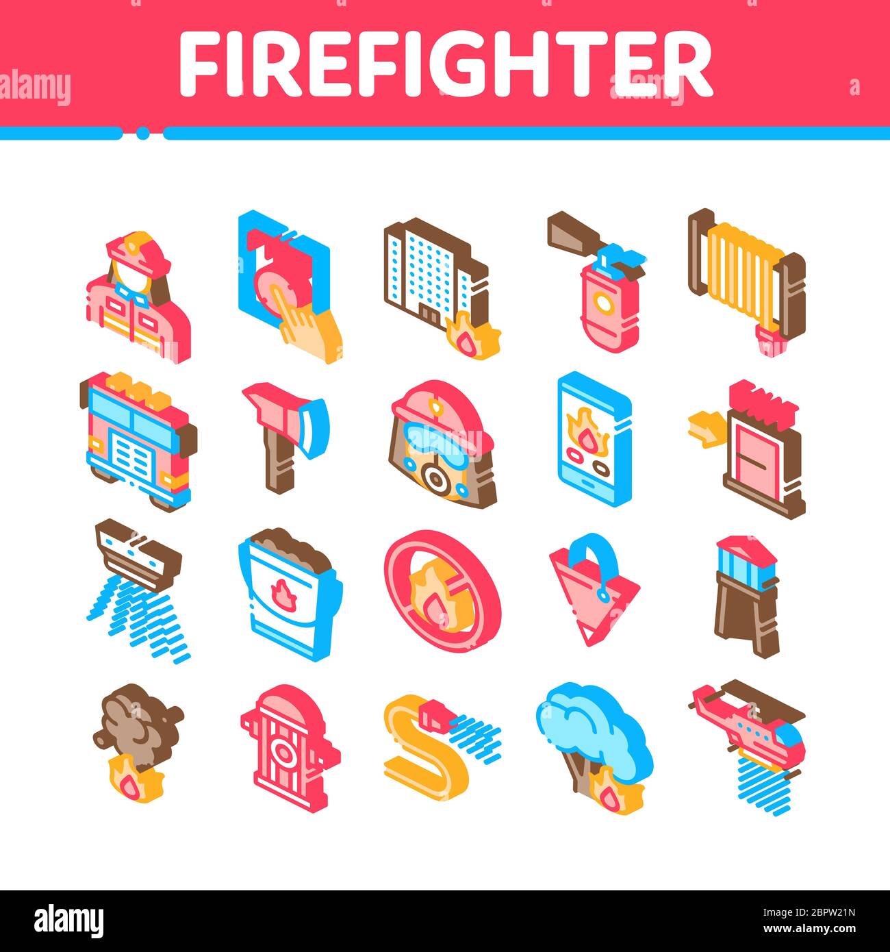 Firefighter Equipment Isometric Icons Set Vector Stock Vector Image ...
