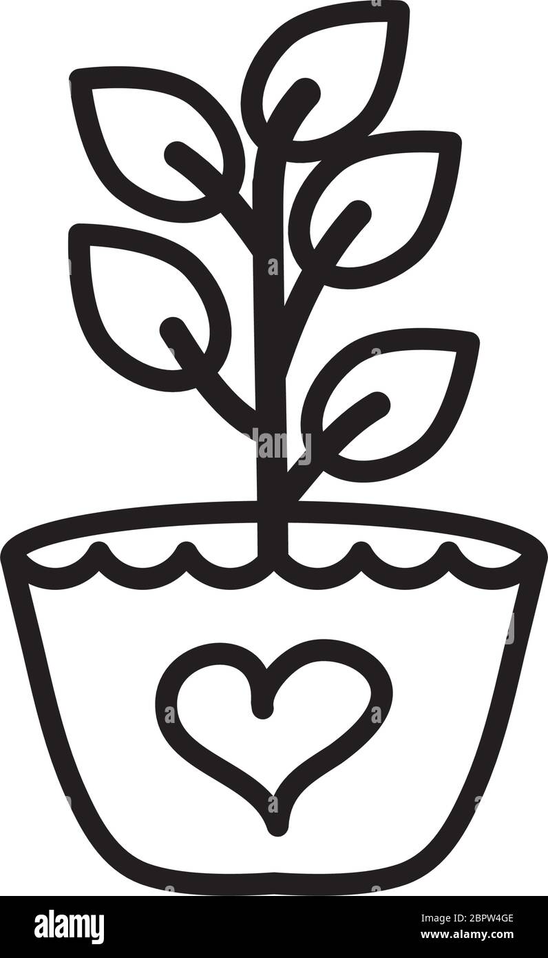 decorative plant in a pot with cute heart icon, line style vector ...