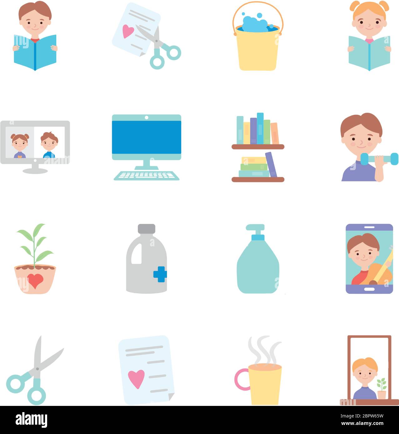 computer and stay at home icon set over white background, flat style ...