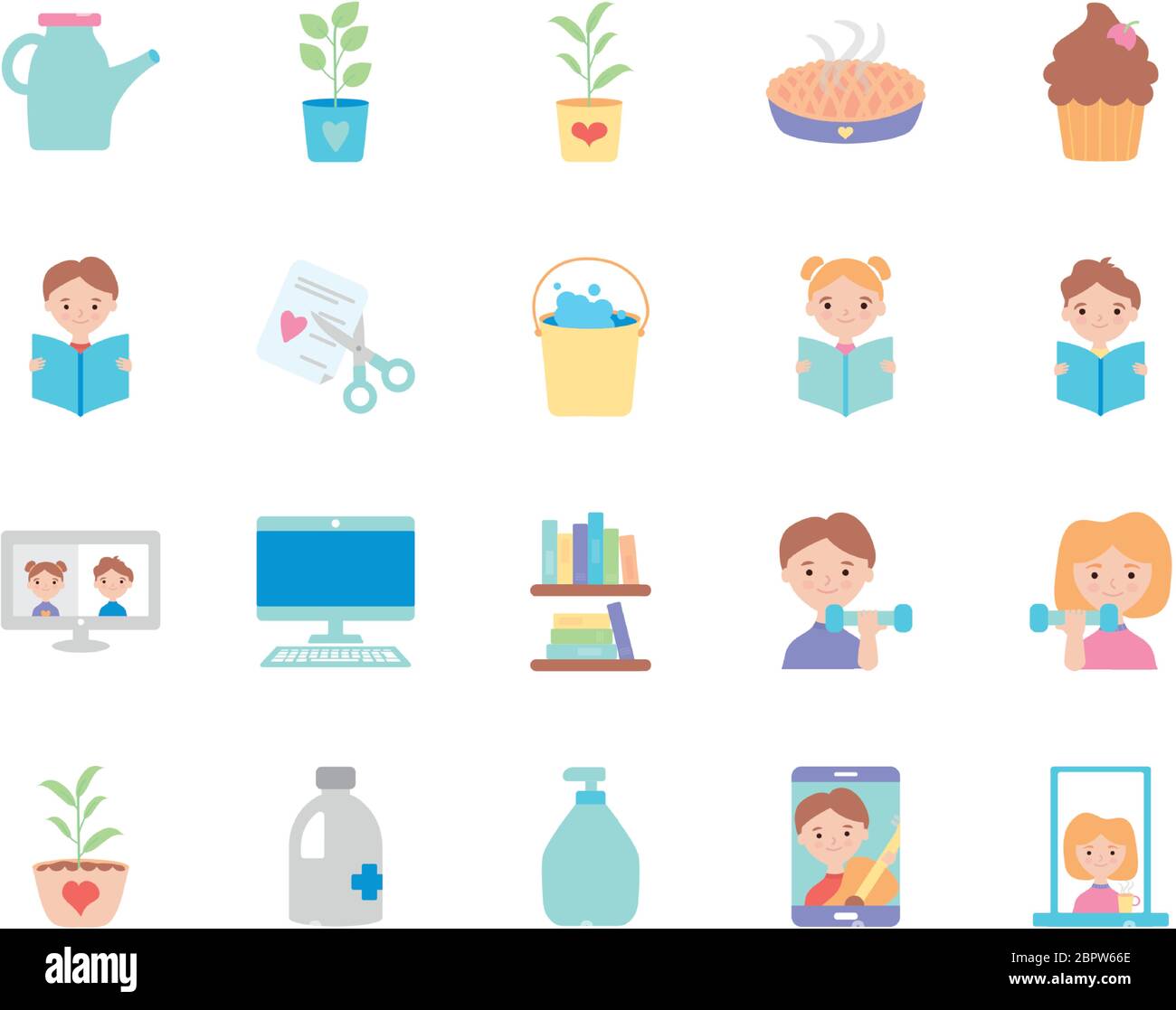 plant and stay at home icon set over white background, flat style ...