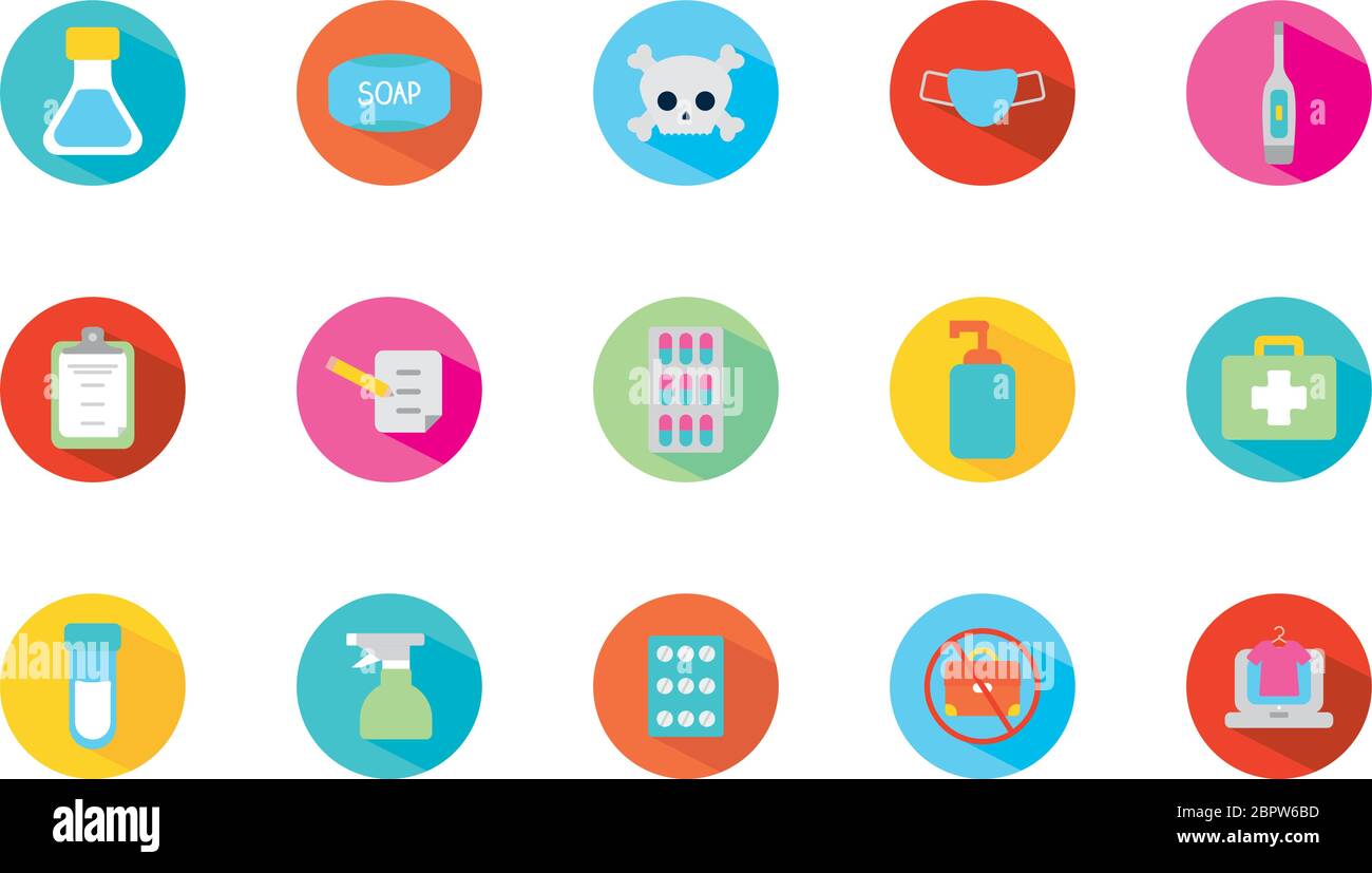 test tube and stop the spread icon set over white background, block ...