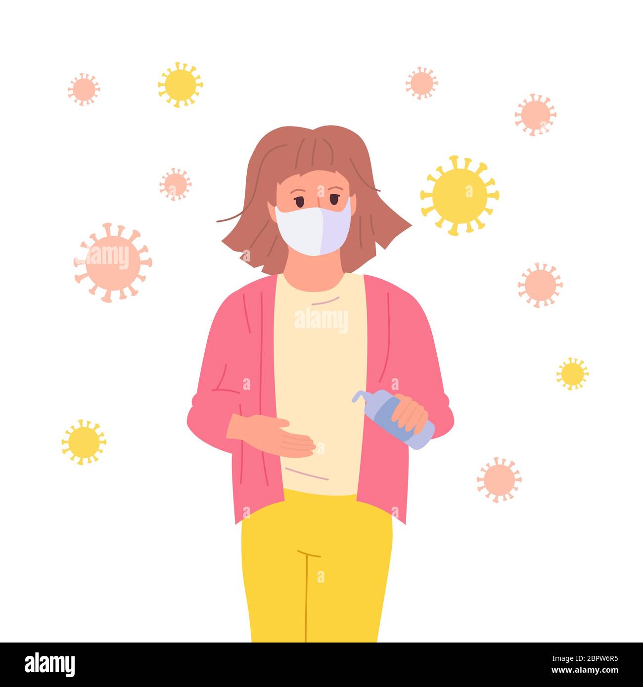 Masked girl uses an sanitizer, stop pandemic cartoon character kid ...