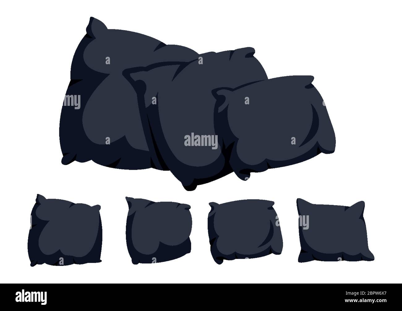 Black pillow flat cartoon set. Home interior textile. Three dark square ...