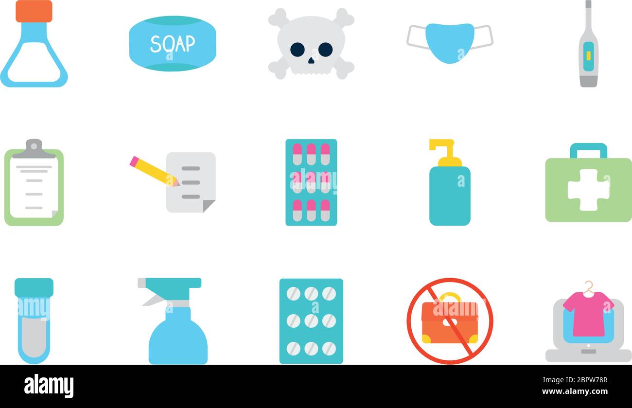 test tube and stop the spread icon set over white background, flat ...