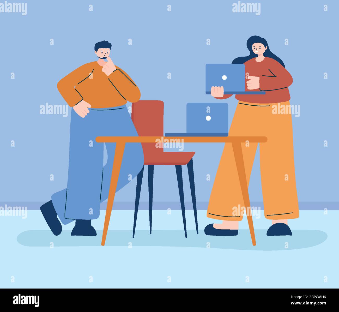 Woman and man with laptop on desk design, Digital technology and ...