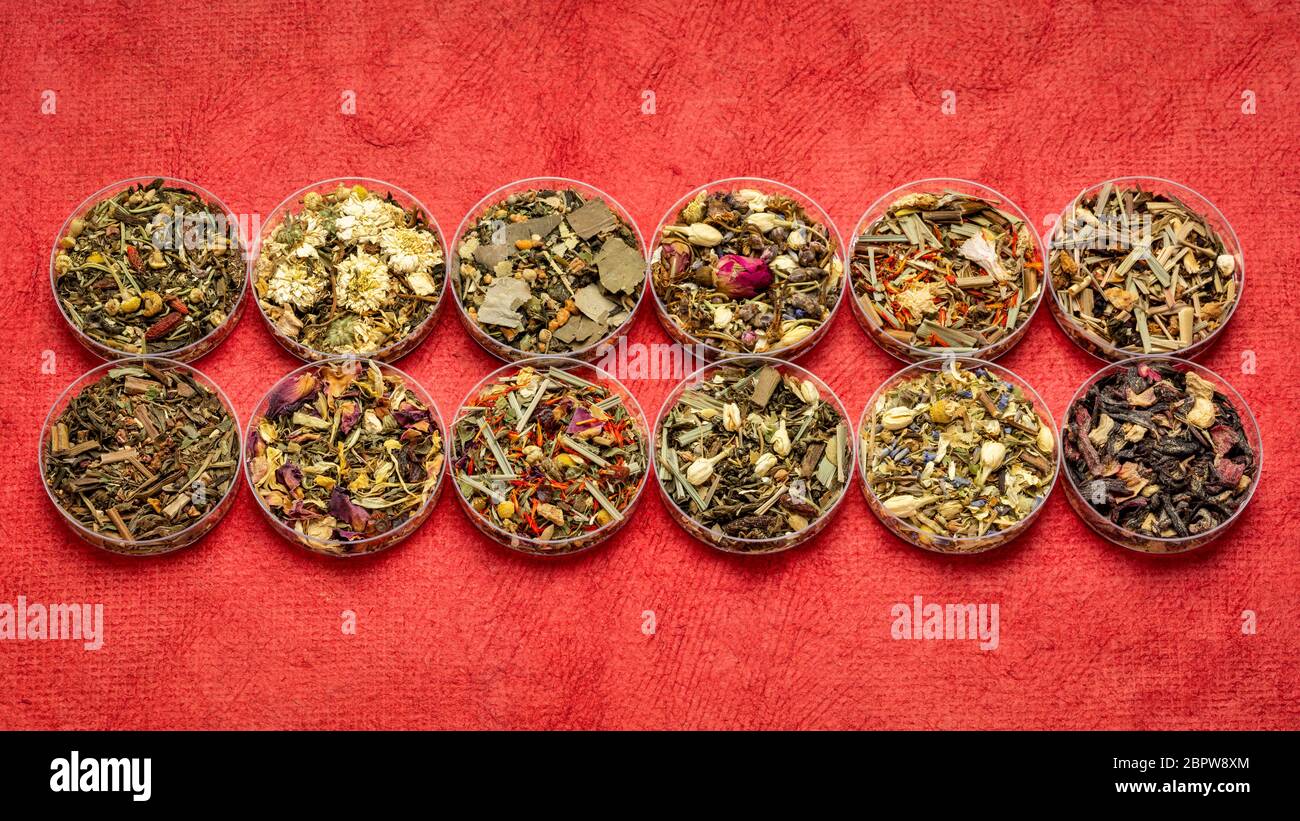 collection of twelve herbal blend Chinese tea in round bowls (Petri ...