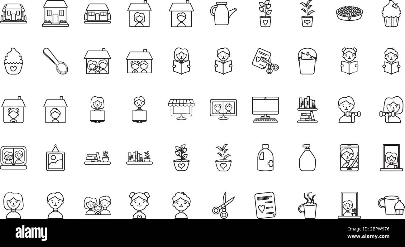 Stay home icon set over white background, line style, vector ...