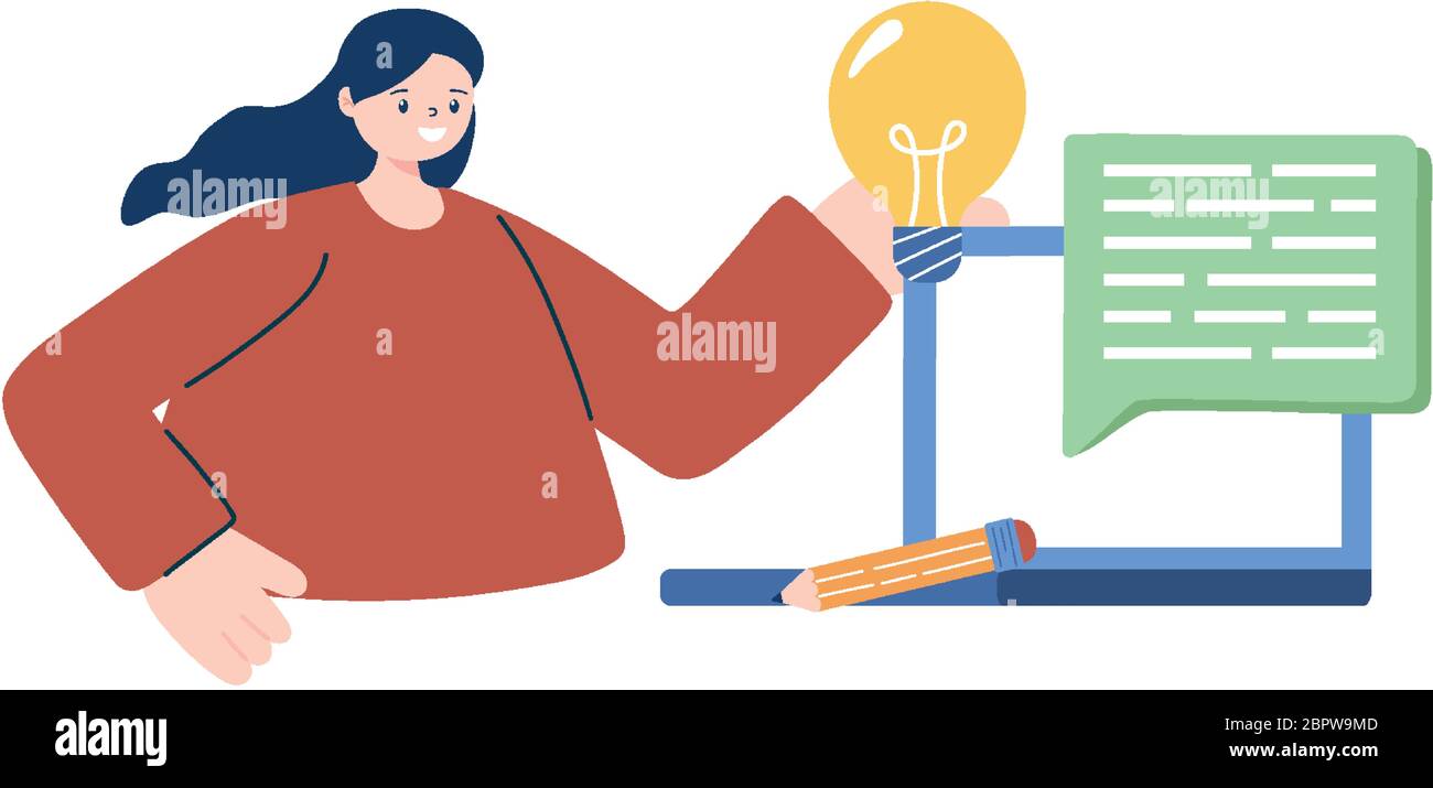 Woman with laptop and light bulb design, Digital technology and ...