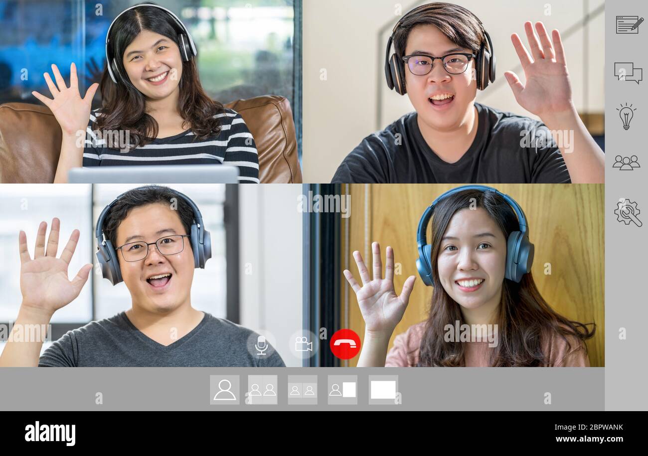 Asian Business people saying hello with teamwork colleague in video ...