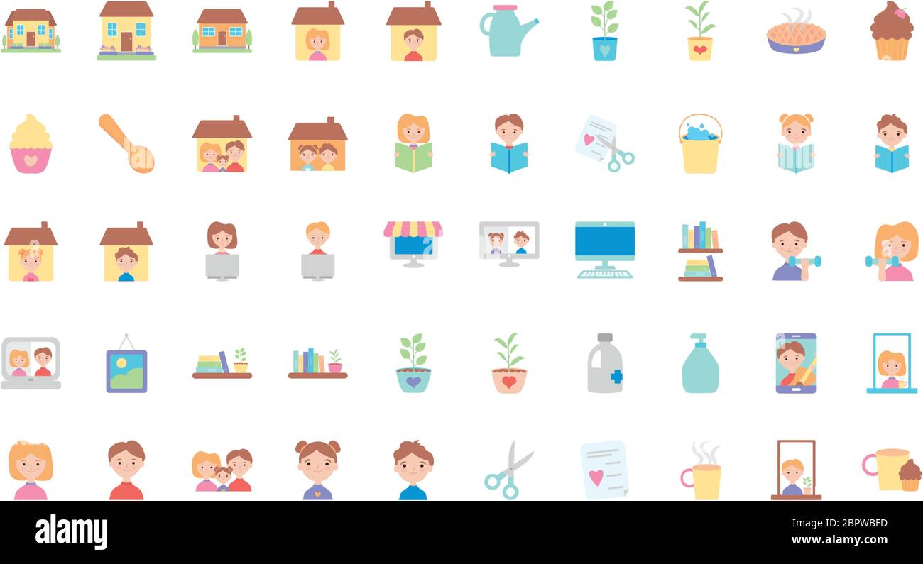 Stay home icon set over white background, flat style, vector ...
