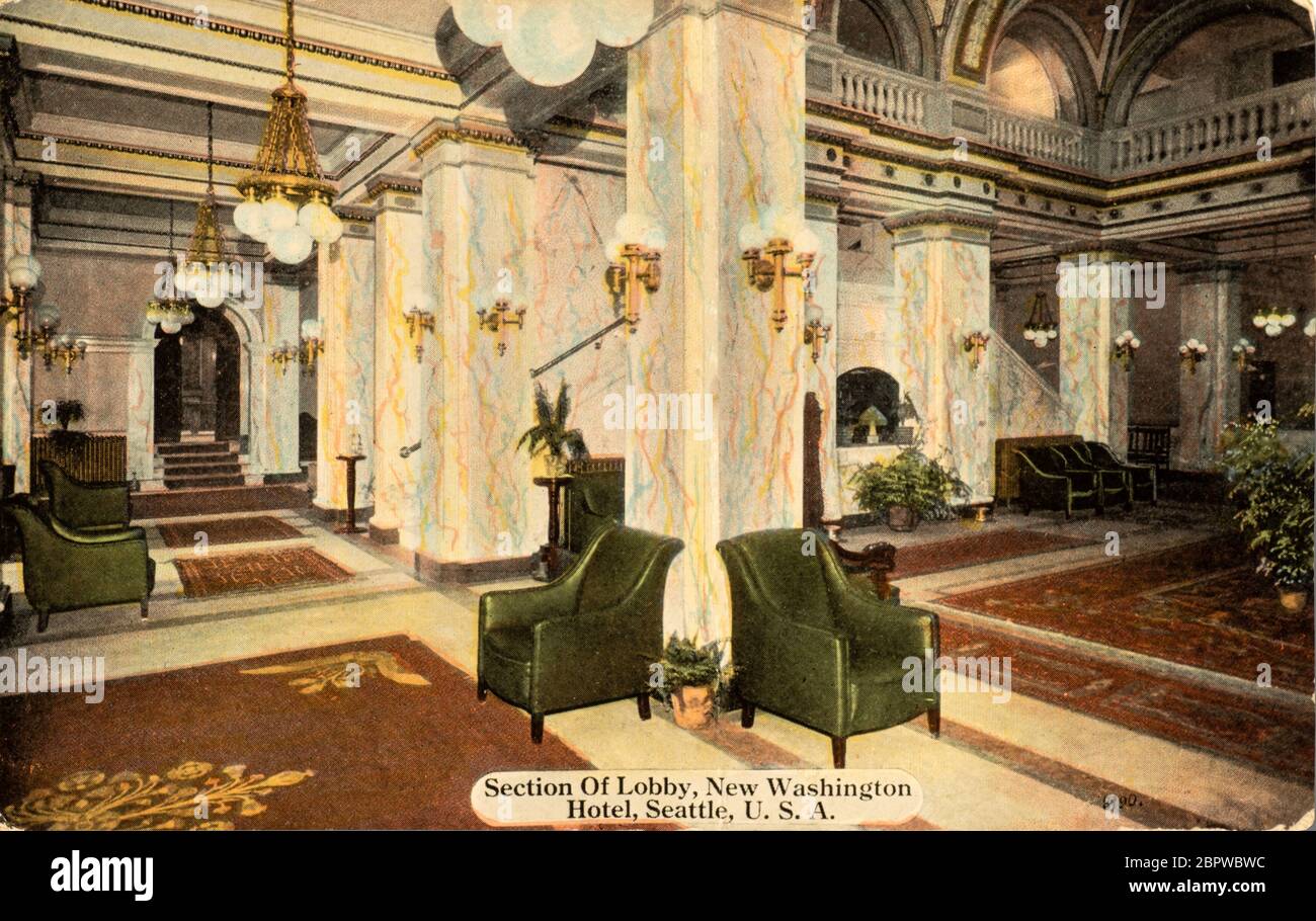 Early 20th Century Postcard, Lobby of New Washington Hotel Stock Photo ...