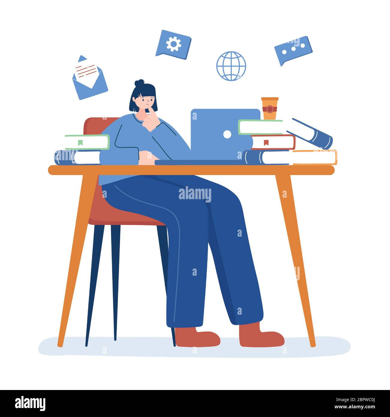 Woman with laptop and books on desk design, Digital technology and ...