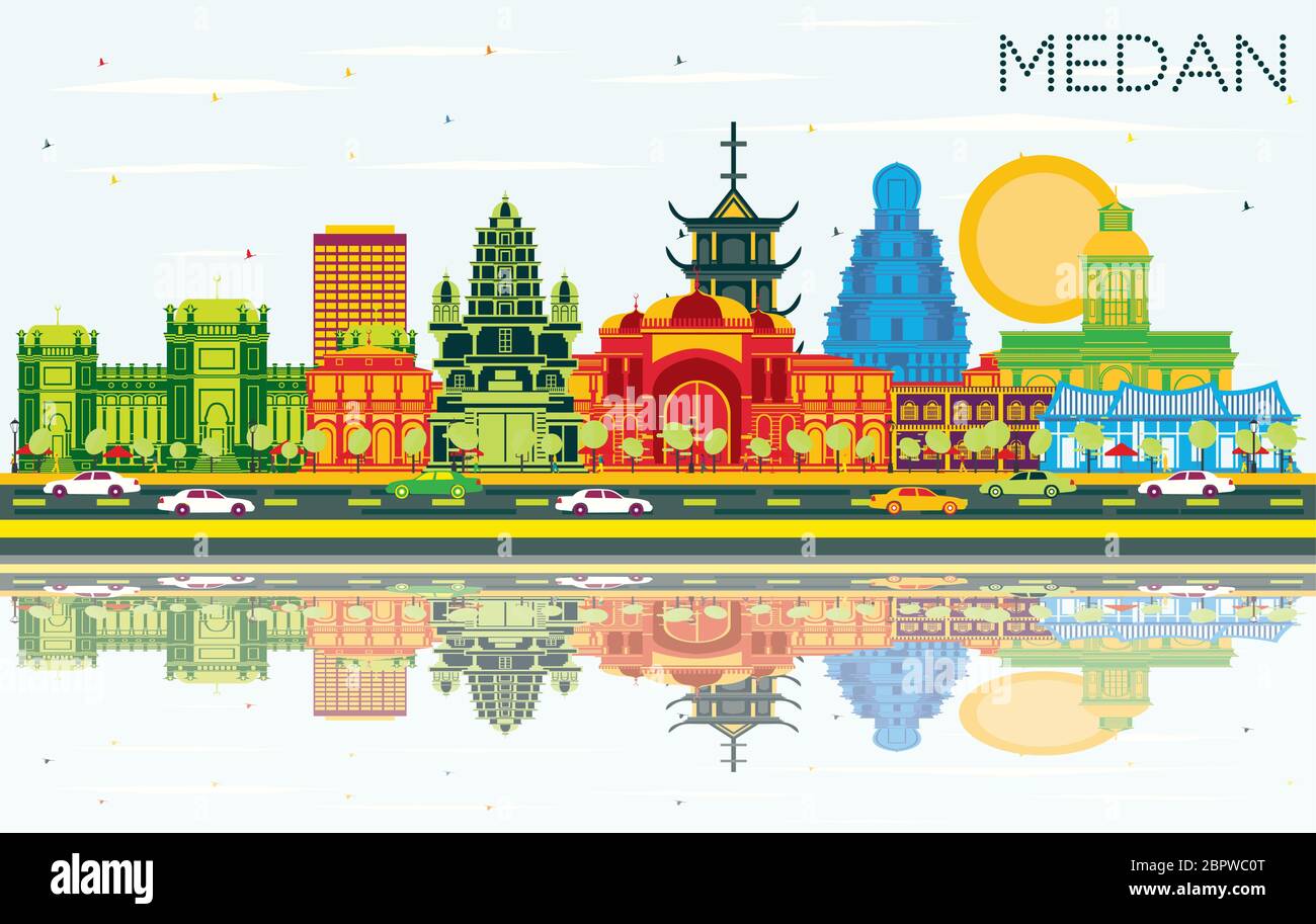 Medan Indonesia City Skyline with Color Buildings, Blue Sky and ...