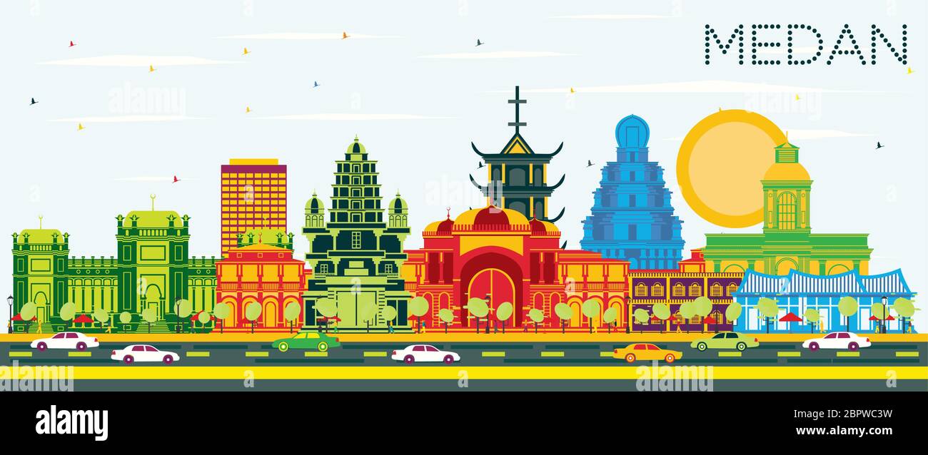 Medan Indonesia City Skyline with Color Buildings and Blue Sky. Vector ...