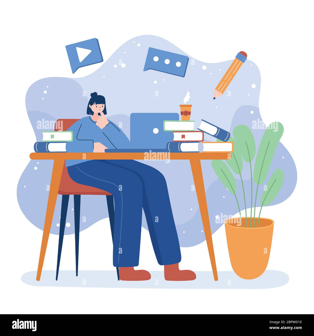 Woman with laptop and books on desk design, Digital technology and ...