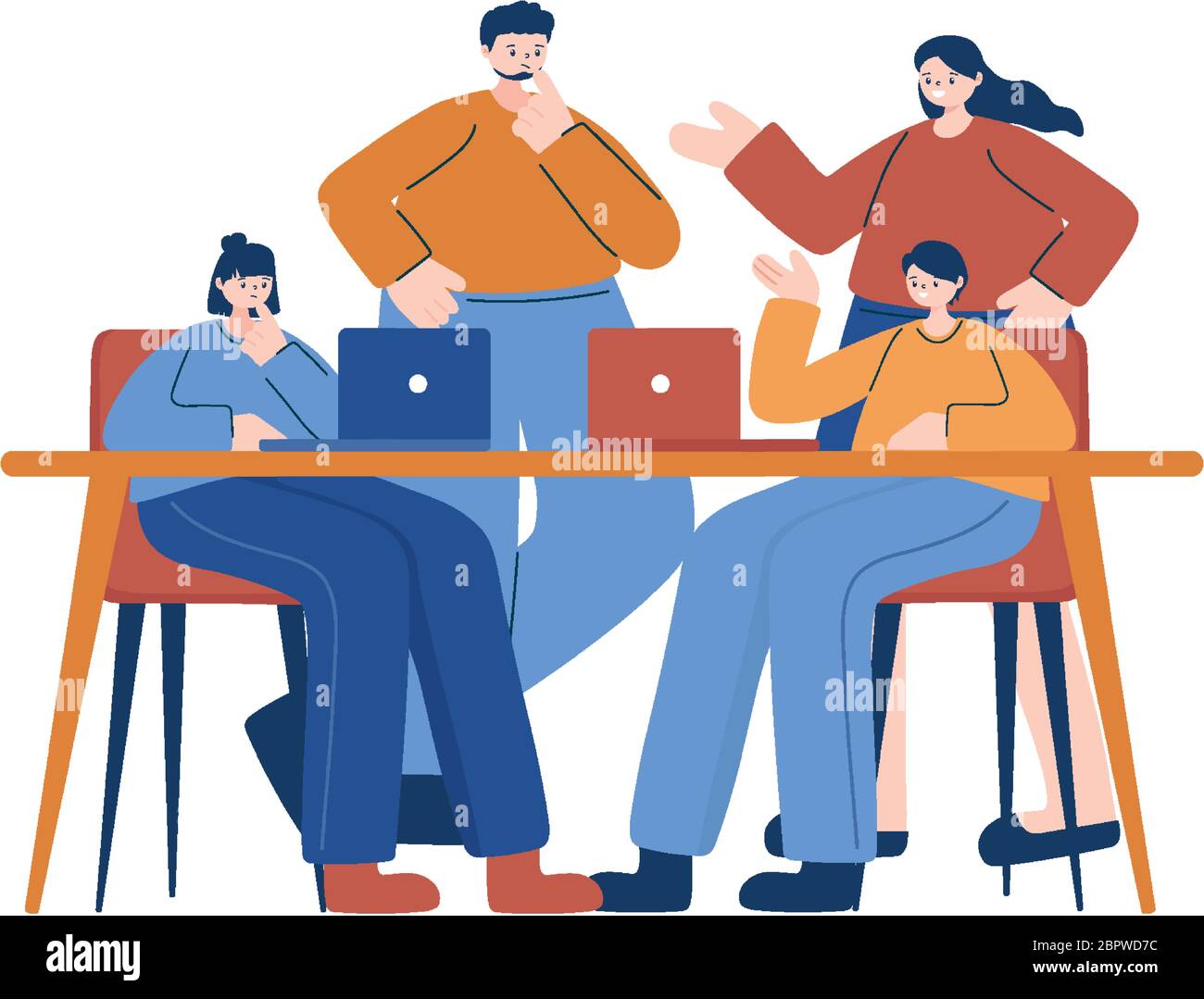 Women and men with laptop on desk design, Digital technology and ...