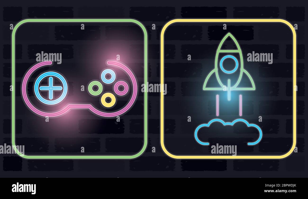 retro video game neon with rocket and control Stock Vector Image & Art ...