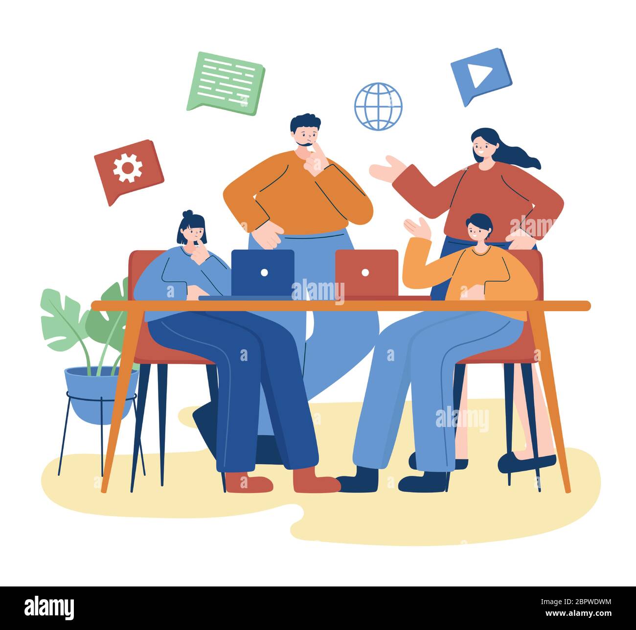 Women and men with laptop on desk design, Digital technology and ...