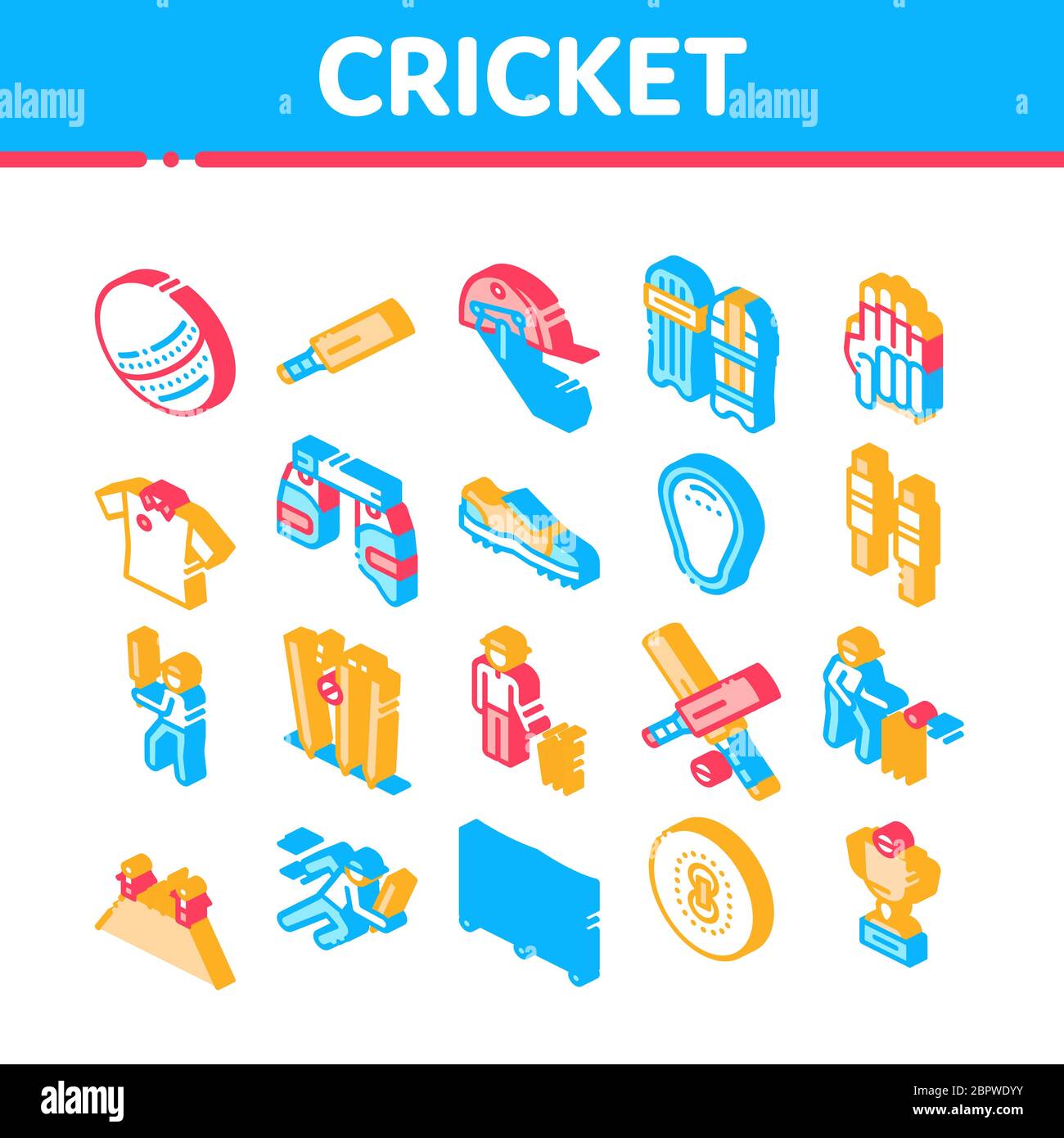 Cricket Game Isometric Elements Icons Set Vector Stock Vector Image ...