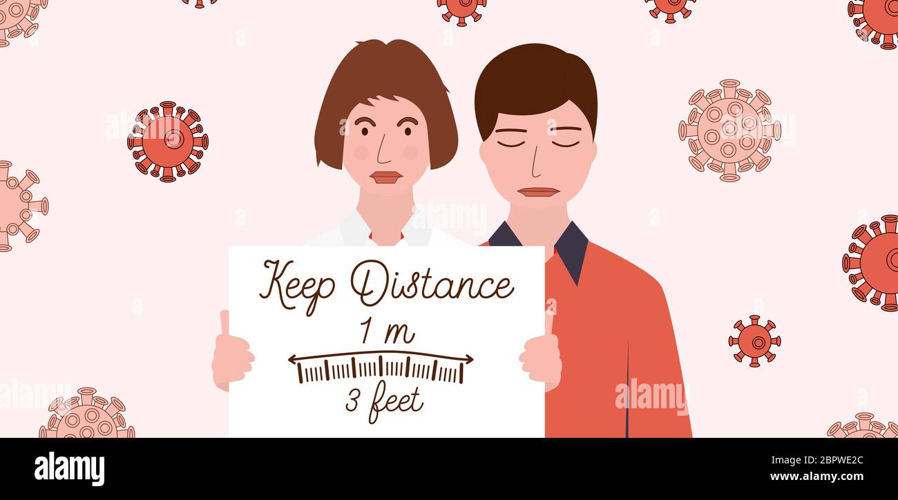 Woman Holds Sign: Keep Distance. Coronovirus Preventive Measures. Keep ...