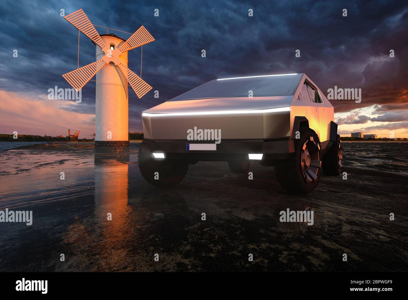 Tesla Cybertruck blended into a seaside landscape during a dramatic ...