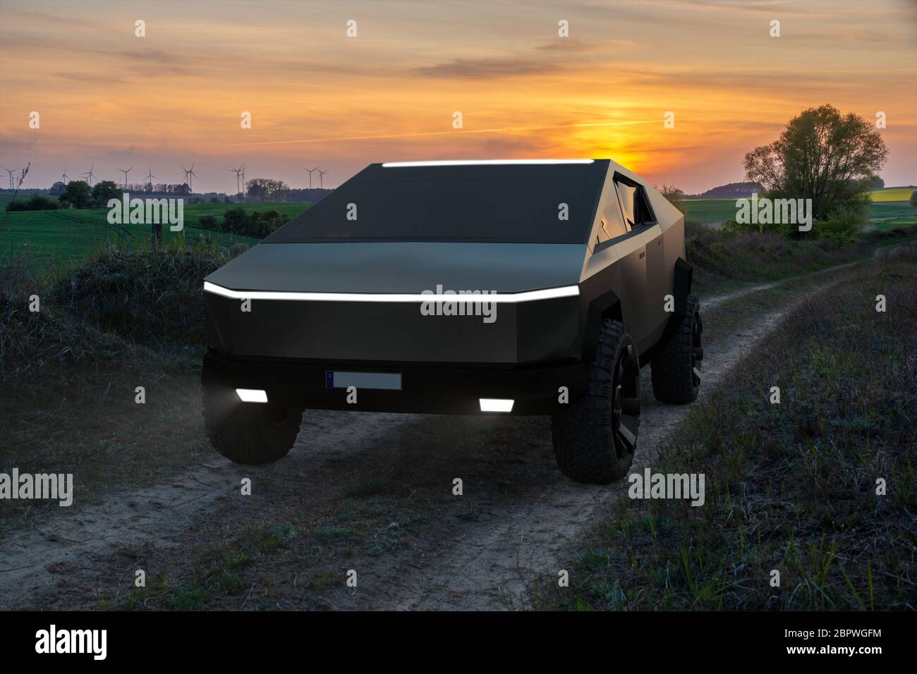 Tesla Cybertruck riding a dirt road in the evening Stock Photo - Alamy