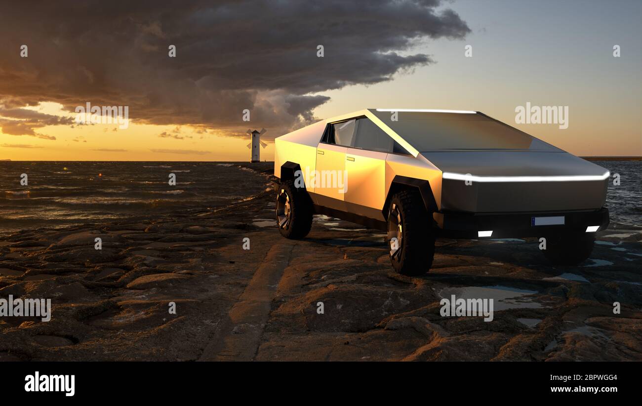 Tesla Cybertruck blended into a seaside landscape during a dramatic ...
