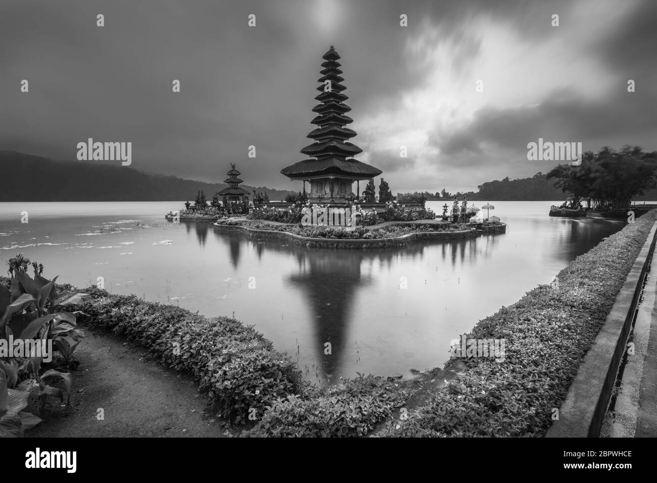 Bali sunrise at bali water temple Black and White Stock Photos & Images ...