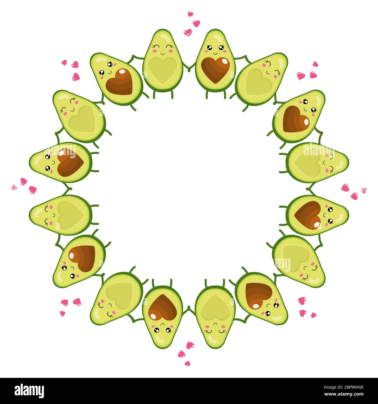 Wreath of cute cartoon avocado characters in love holding hands on a ...