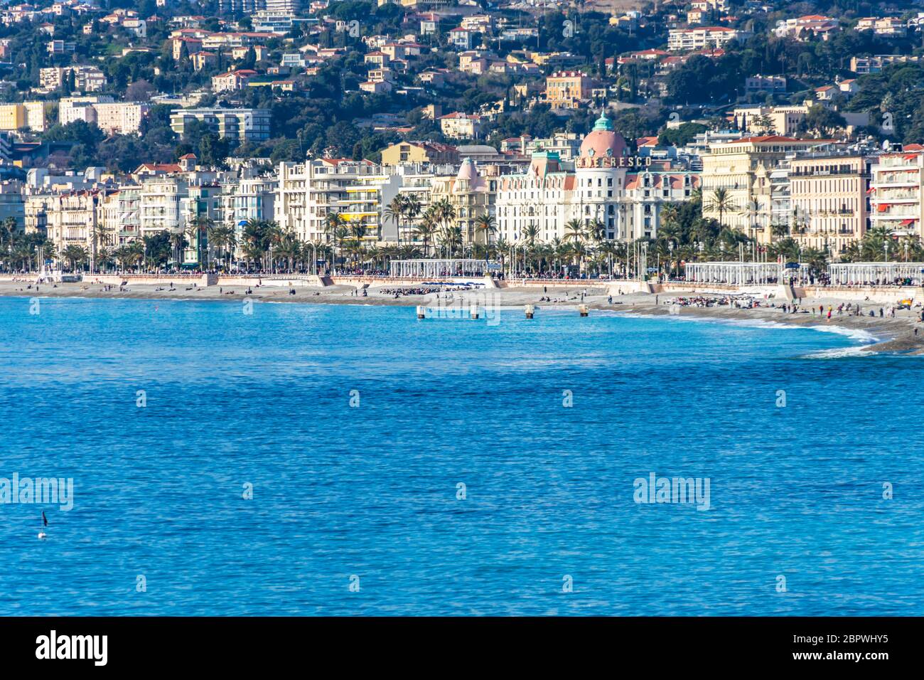 View of the Nice waterfront, the Promenade des Anglais, with the famous ...