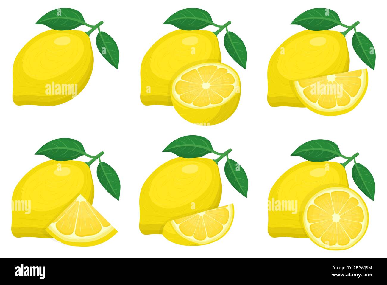 Set of fresh whole, half, cut slice lemon fruit groups isolated on ...