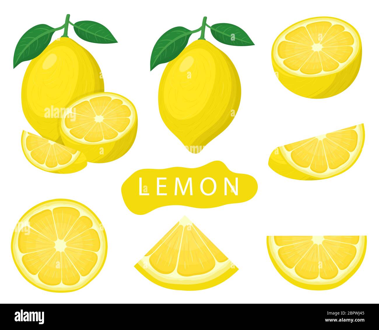 Set of fresh whole, half, cut slice lemon fruits isolated on white background. Summer fruits for ...