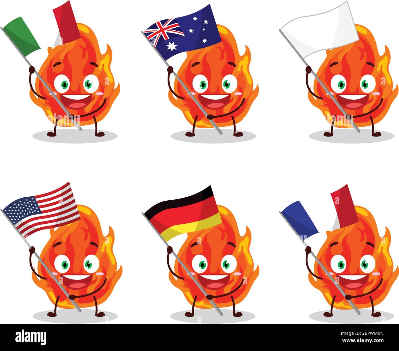 Fire Cartoon Character Bring The Flags Of Various Countries Stock