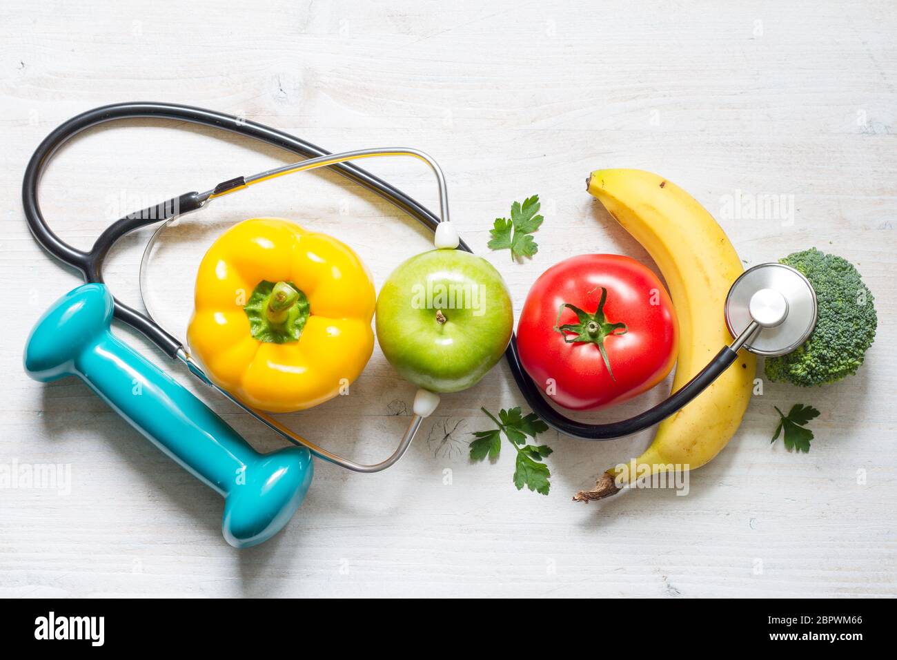 Healthy diet and sport concept with fruits and vegetables Stock Photo ...