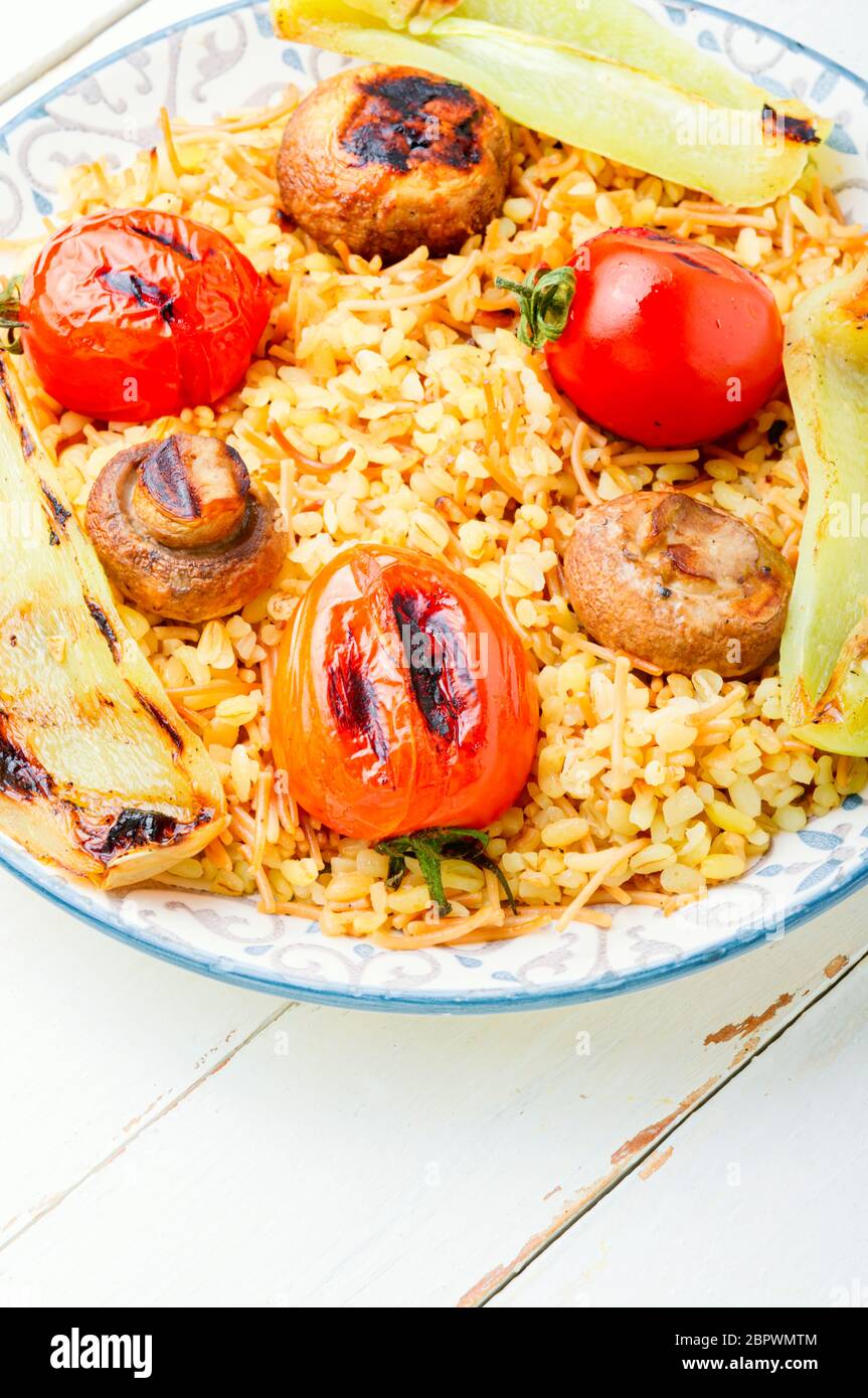 Classic Turkish pilaf with noodles.Turkish rice, grilled rice with ...