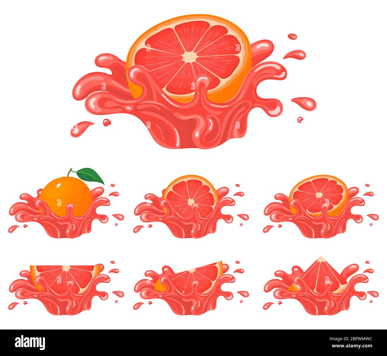Set of fresh bright grapefruit juice splash burst isolated on white ...